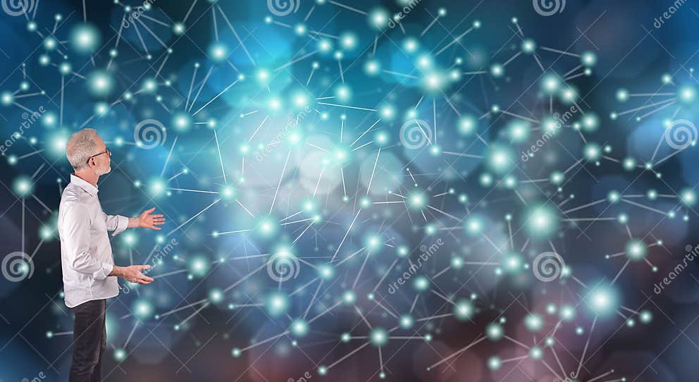 A Virtual Network Explained by a Businessman on a Wall Screen Stock ...