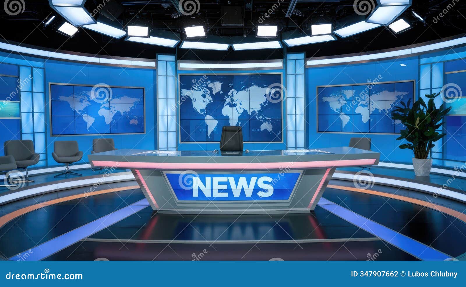 Virtual News Studio Set with World Map Displaying Breaking News Stock ...