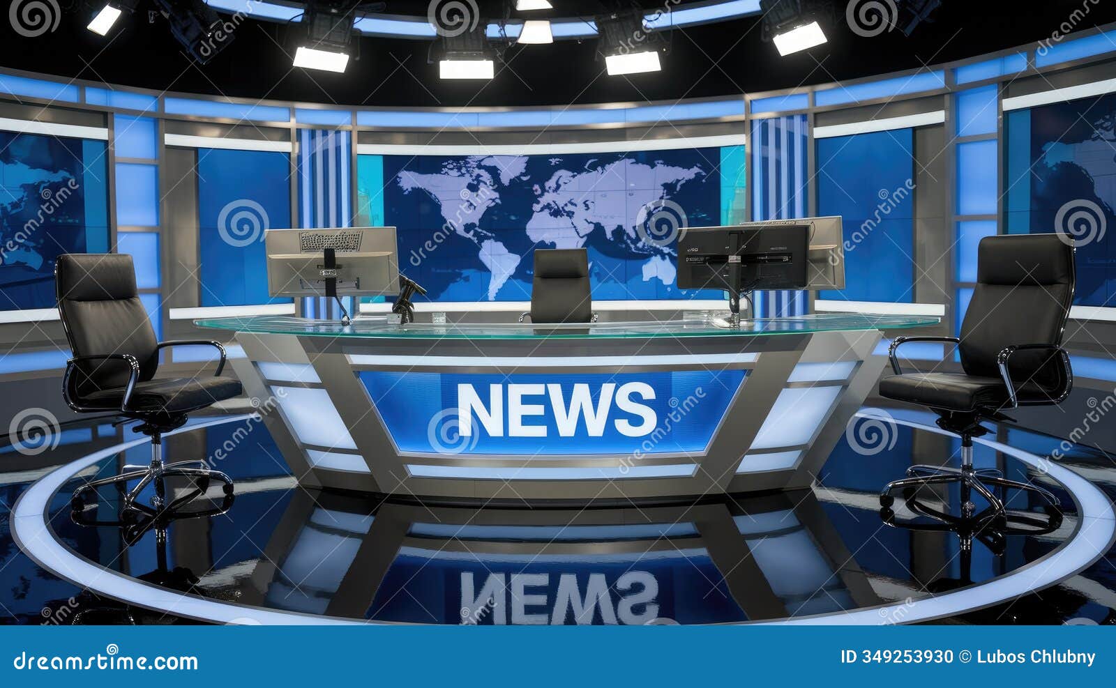 Virtual News Studio Set with World Map Displaying Breaking News Stock ...
