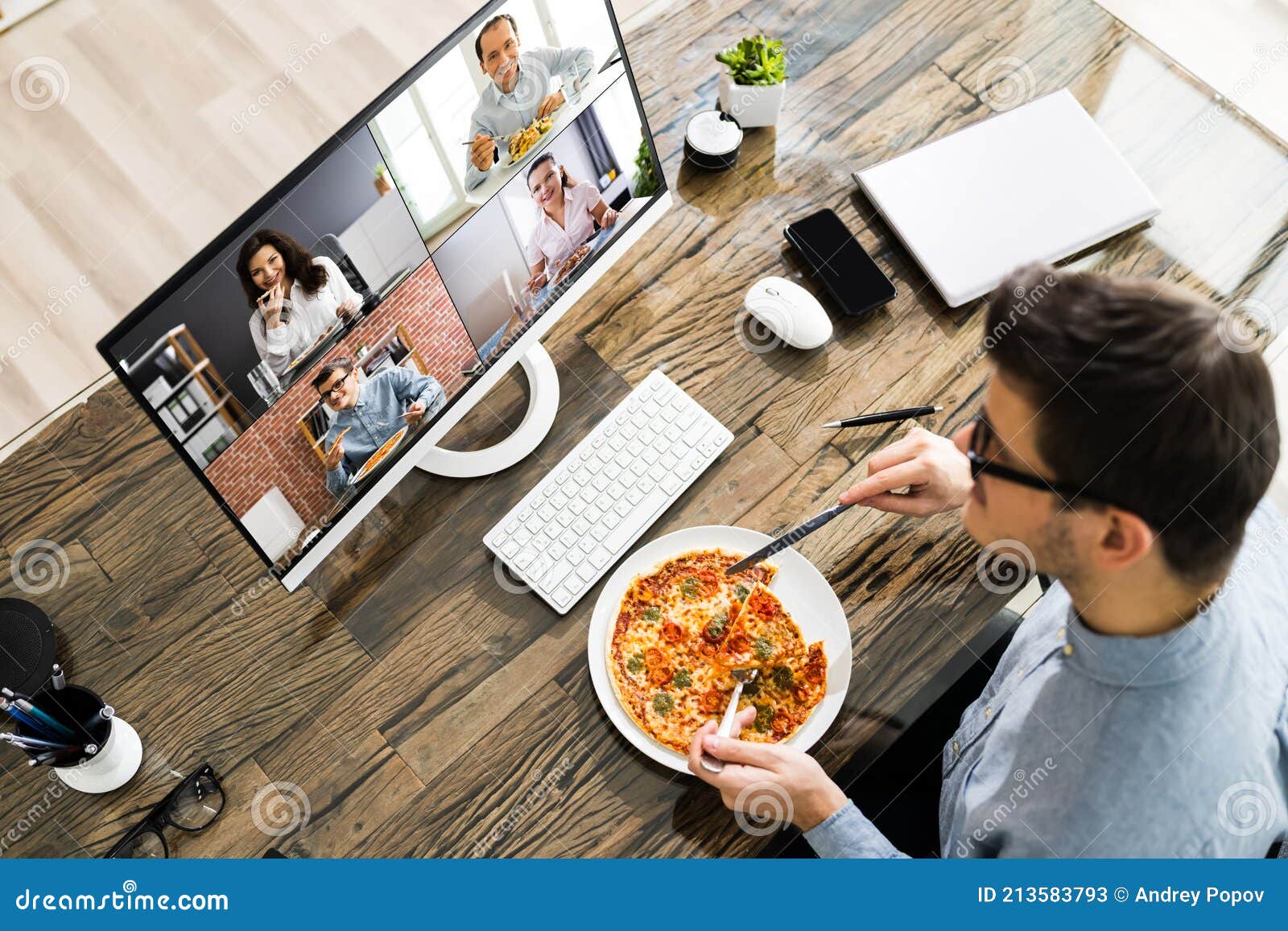 Virtual Office Video Conference Eating Party Stock Image - Image of ...