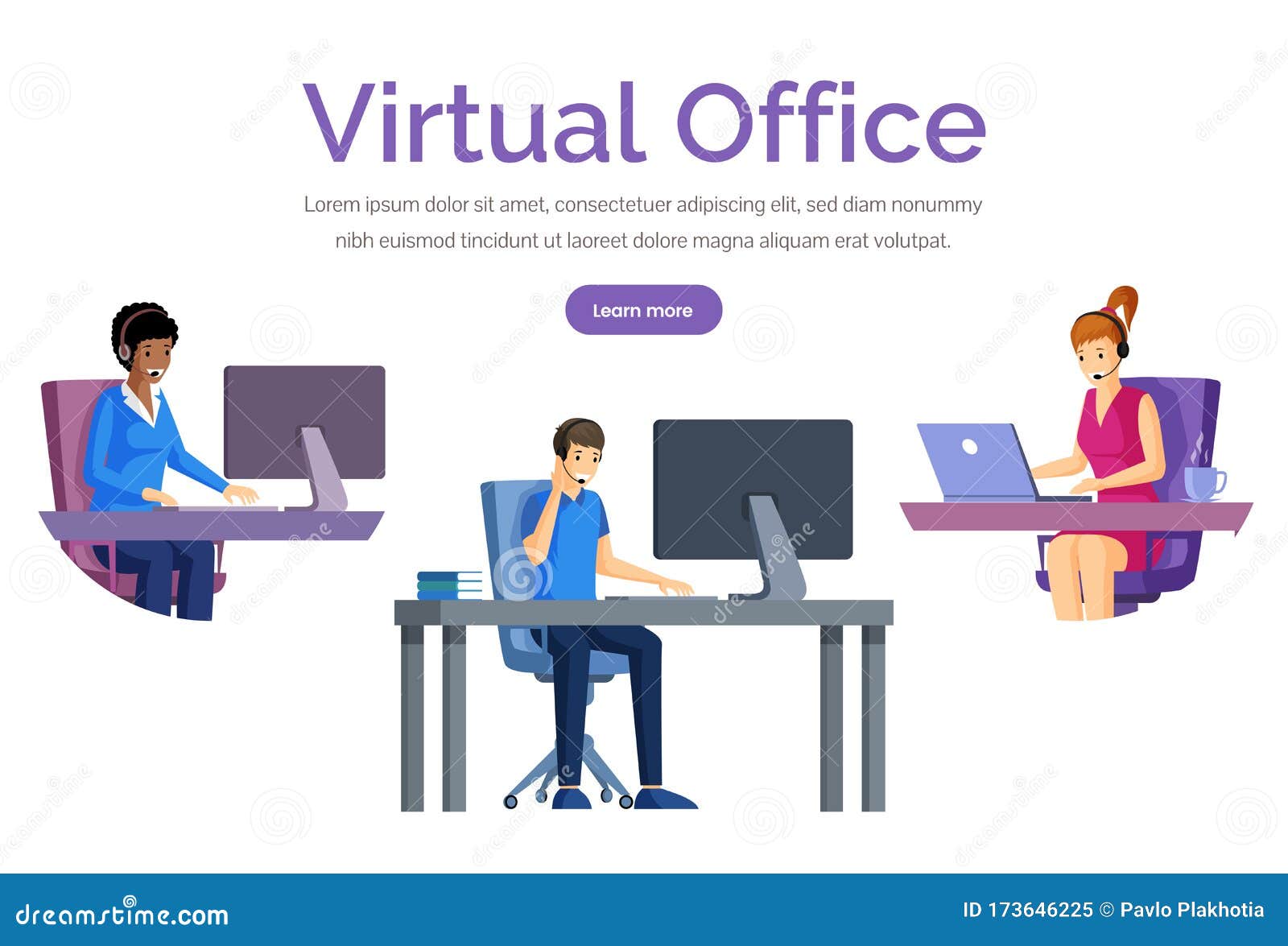 Virtual Office Web Banner Vector Template. Support, Distant Work ...