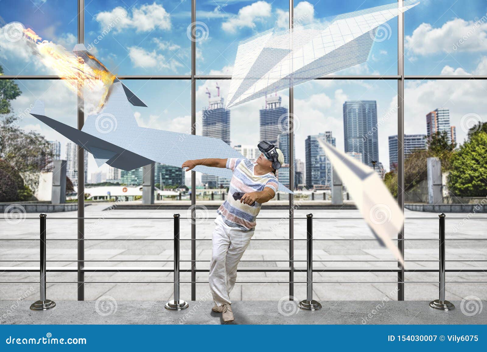 Virtual Paper Airplanes and a Man in a VR Headset Stock Image - Image ...