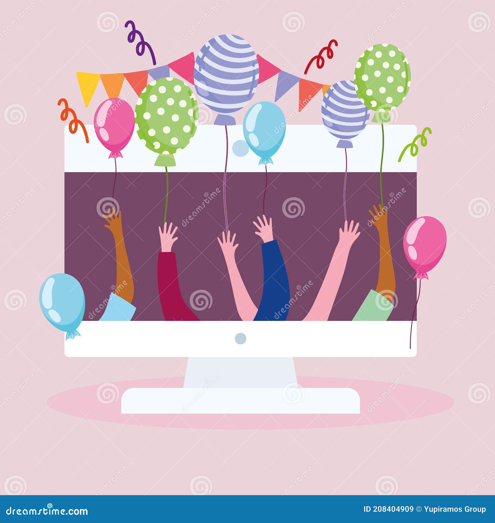 Virtual Party, Computer and People Celebration Event Balloons Stock ...