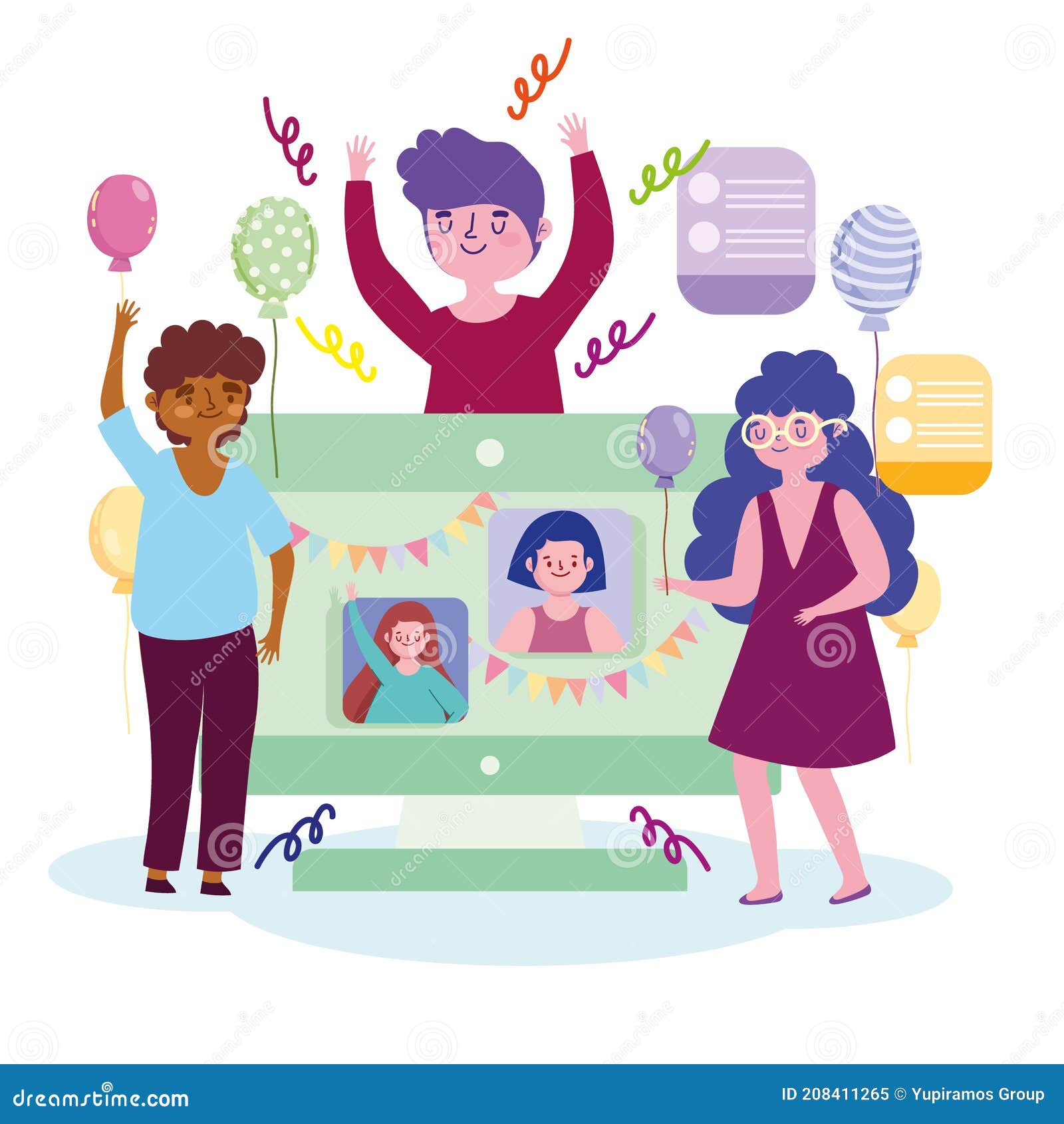 Virtual Party, People Connected with Video Call with Computer Stock ...