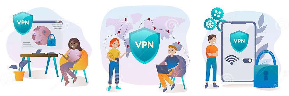 Cybersecurity and Virtual Private Network Set. People Using VPN for ...