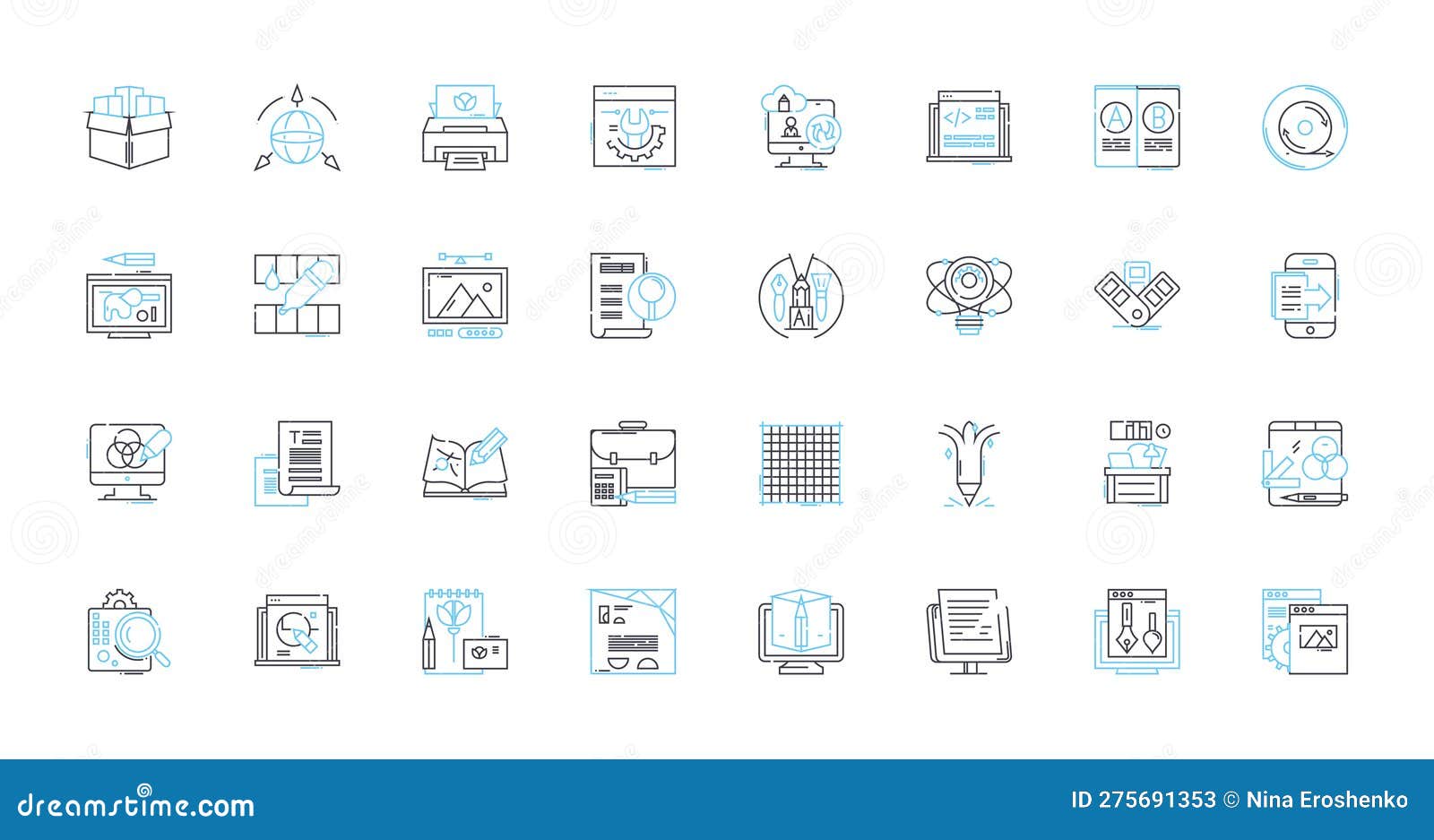 Virtual Processing Linear Icons Set. Digitization, Automation, Interactivity, Simulation ...