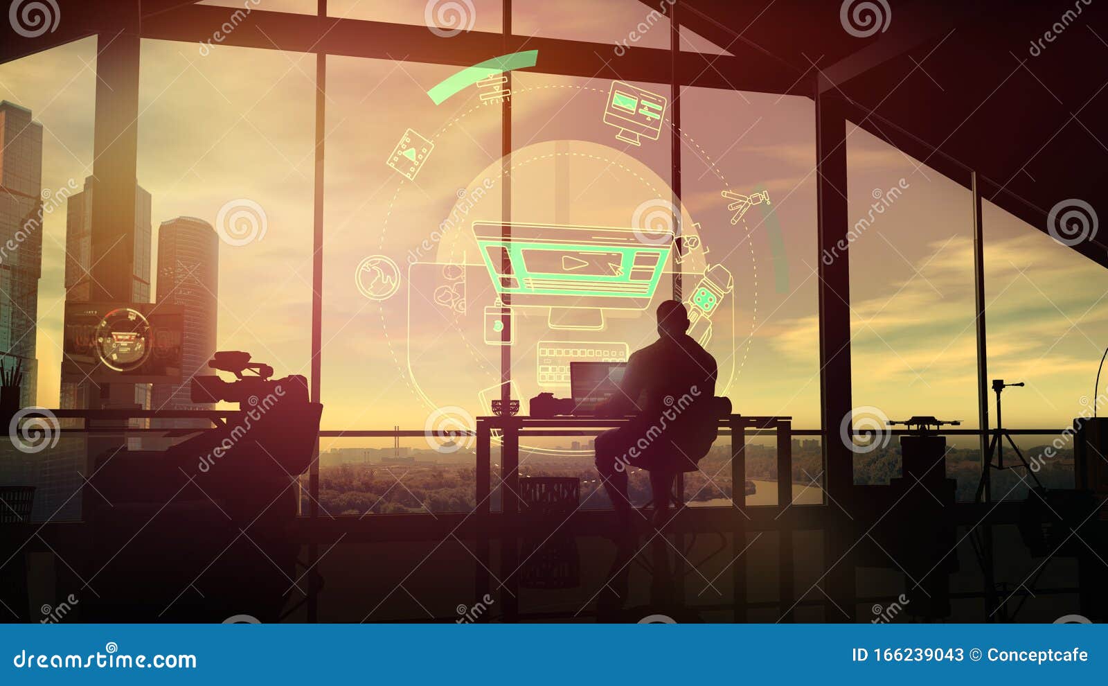 Virtual Projection and Silhouette of a Videographer in His Studio at ...