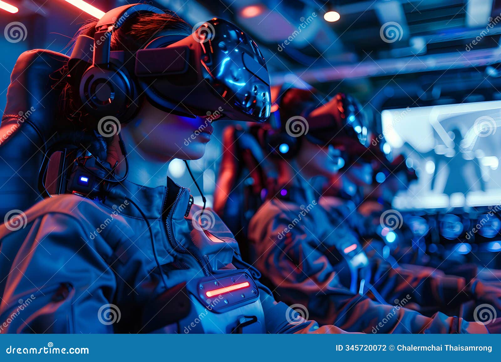 Virtual Reality Arcade Gamers Wearing VR Headsets, by Generative AI ...
