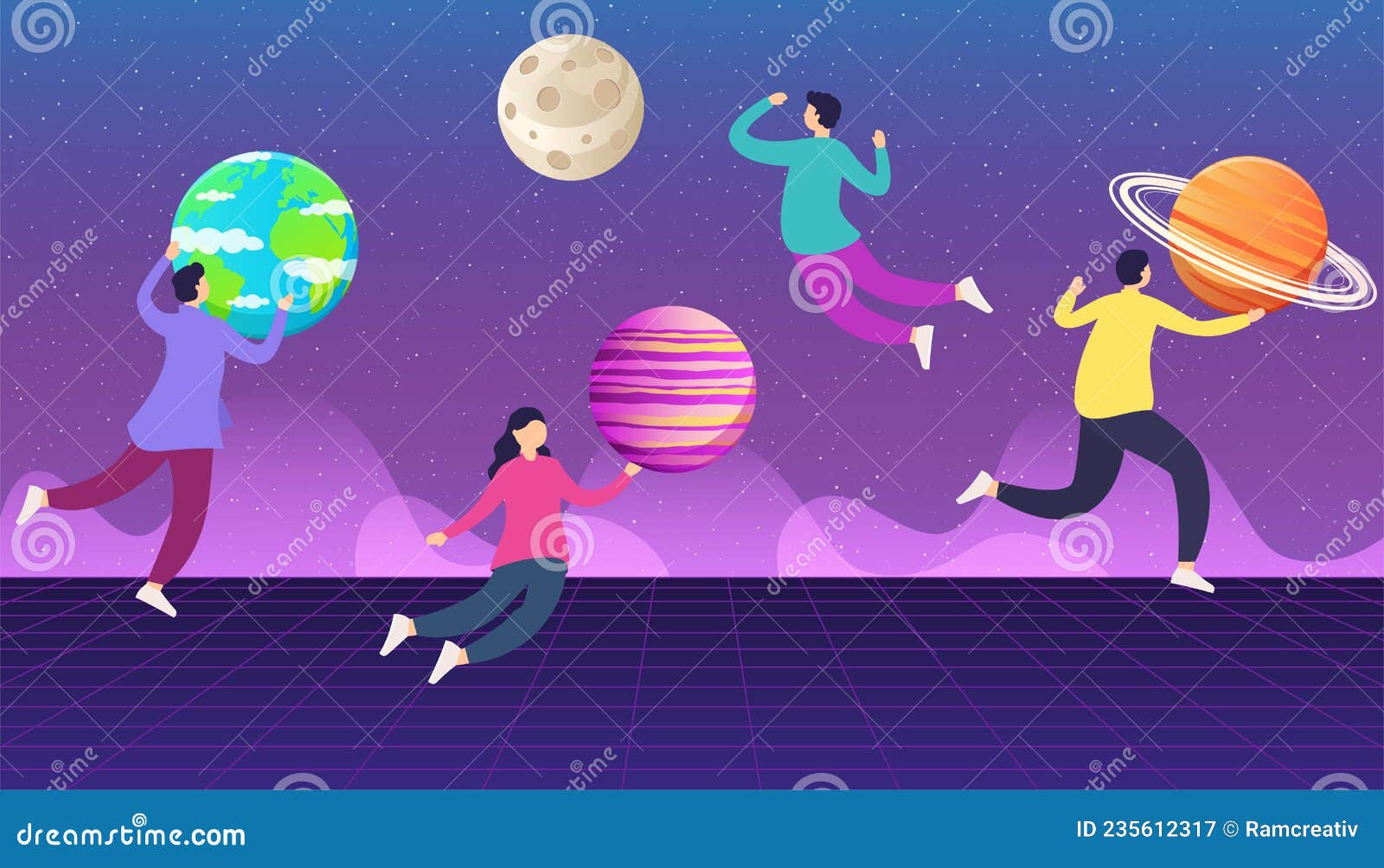 Virtual Reality Concept, Metaverse. People Fly in Outer Space among the ...