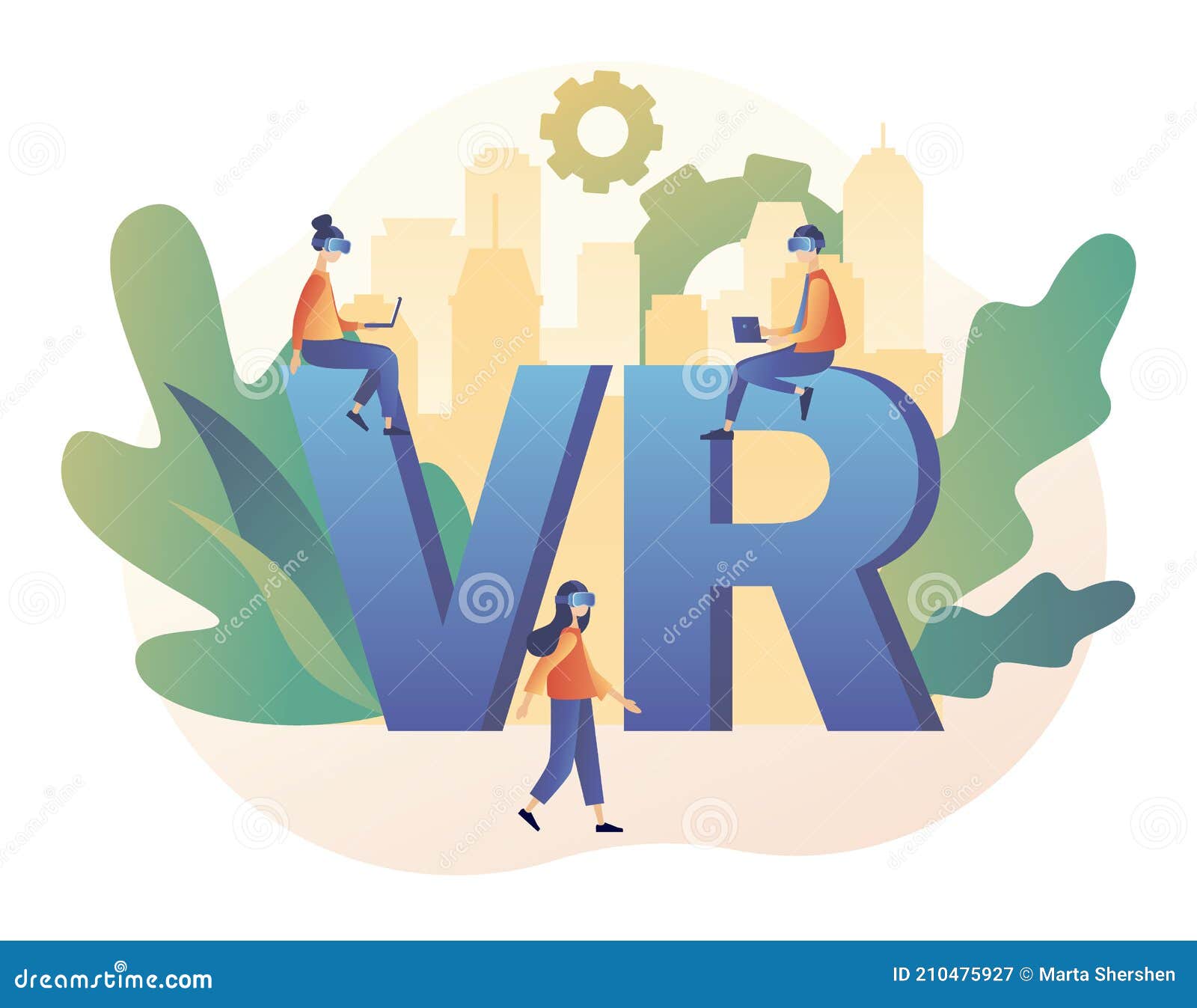 Virtual Reality Concept. Tiny People Using Virtual Reality Glasses. VR ...