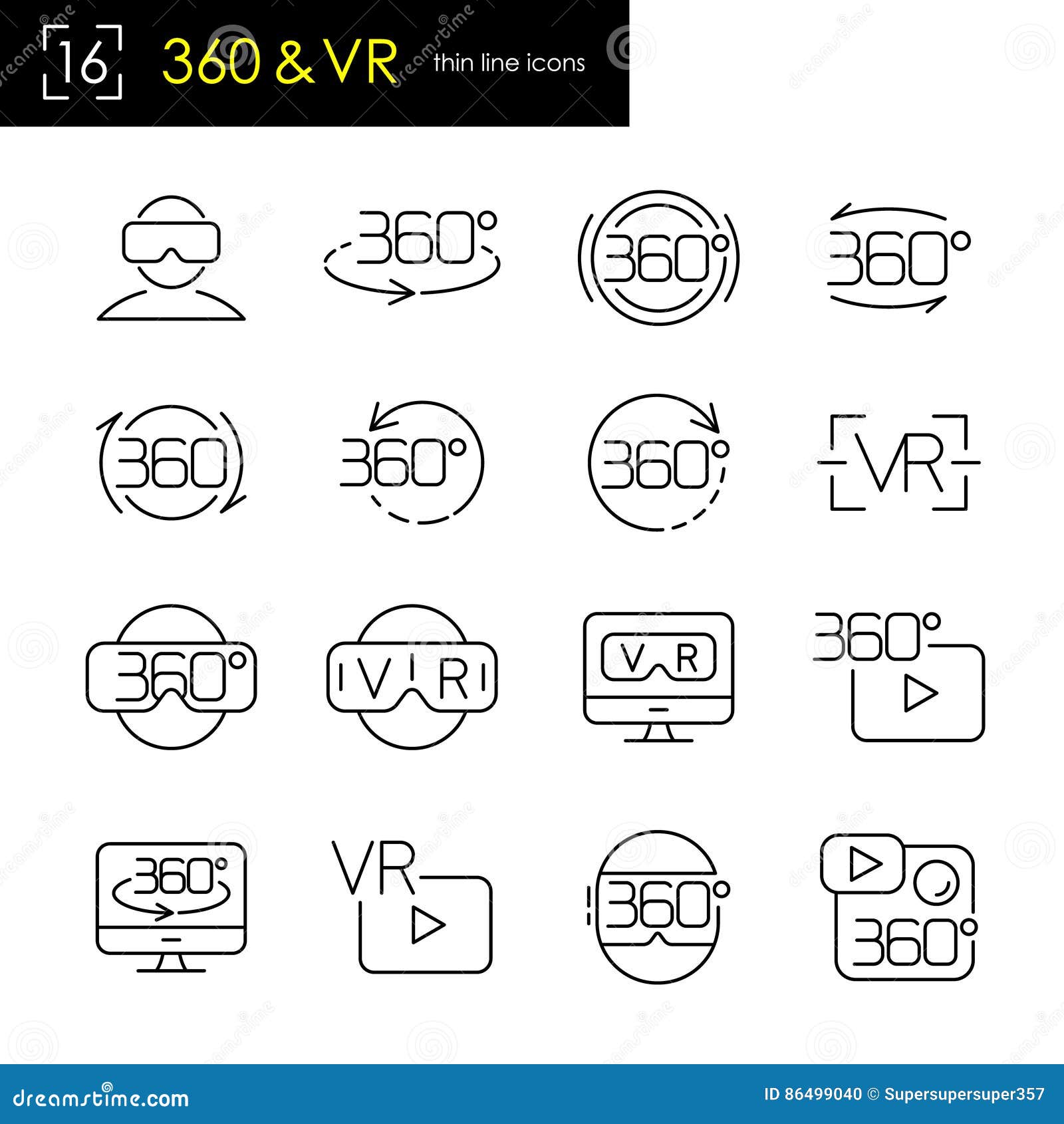Virtual Reality & 360 Degrees Panoramic View Symbol Icon Set, Thin Line ...
