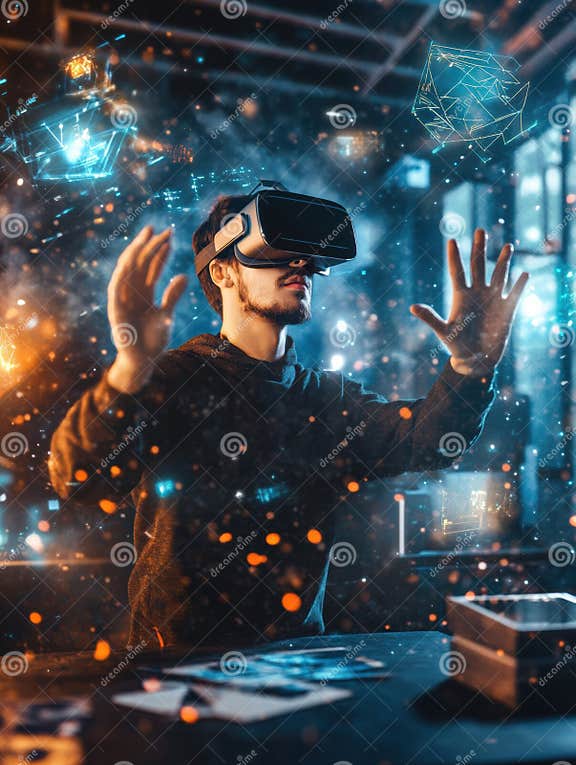 A Virtual Reality Designer Explores Immersive Technology in a Modern Studio with Floating 3D ...