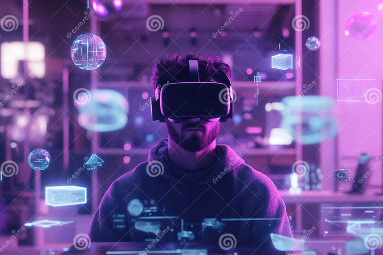 A Virtual Reality Designer Working in a Modern Studio with Floating 3D ...