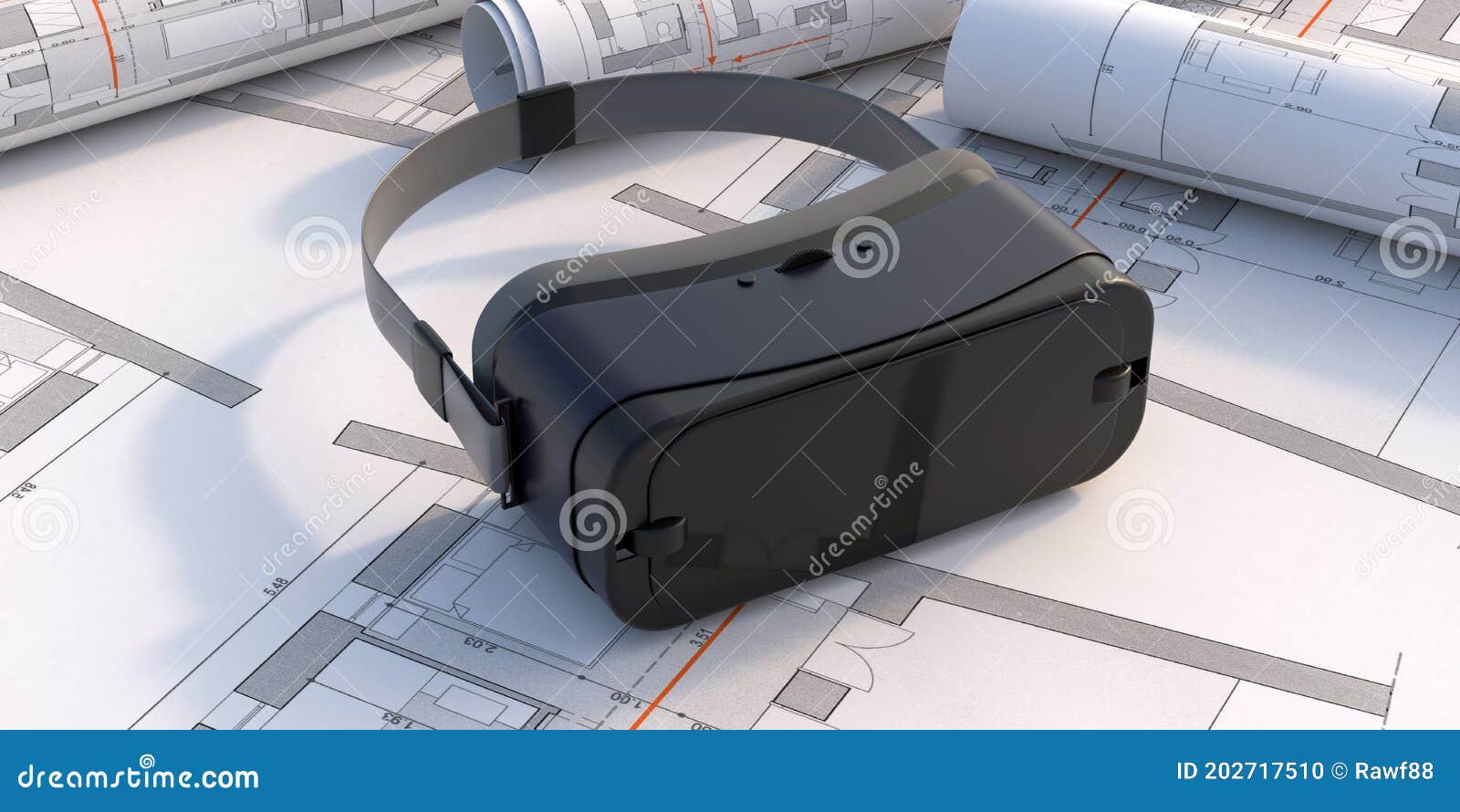 Virtual Reality Glasses on Blueprint Plans Background. 3d Illustration ...