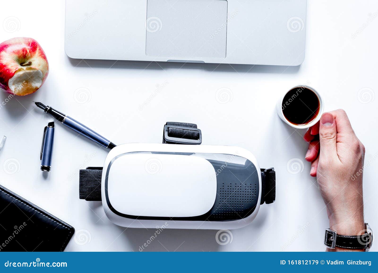 Virtual Reality Glasses on Mans Working Desktop Top View Stock Image ...