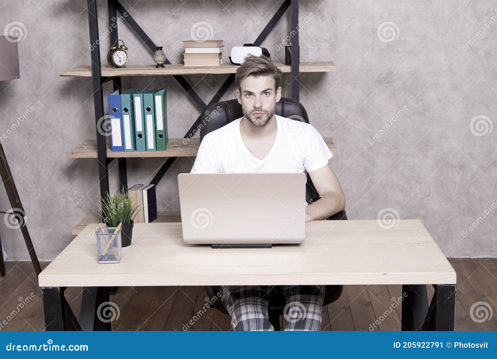 Virtual Reality is Here. Handsome Guy Work at Laptop. Man Explore ...