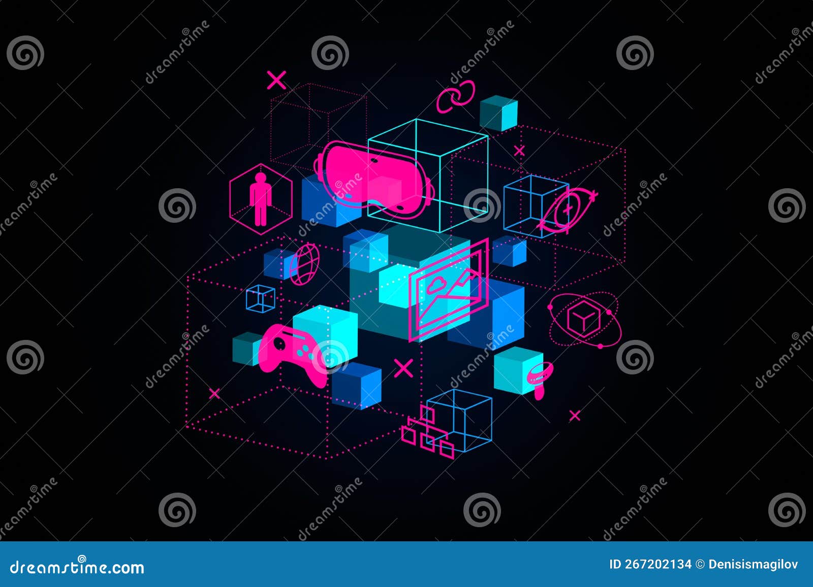 Virtual Reality Hologram with Headset and Diverse Digital Icons Stock ...