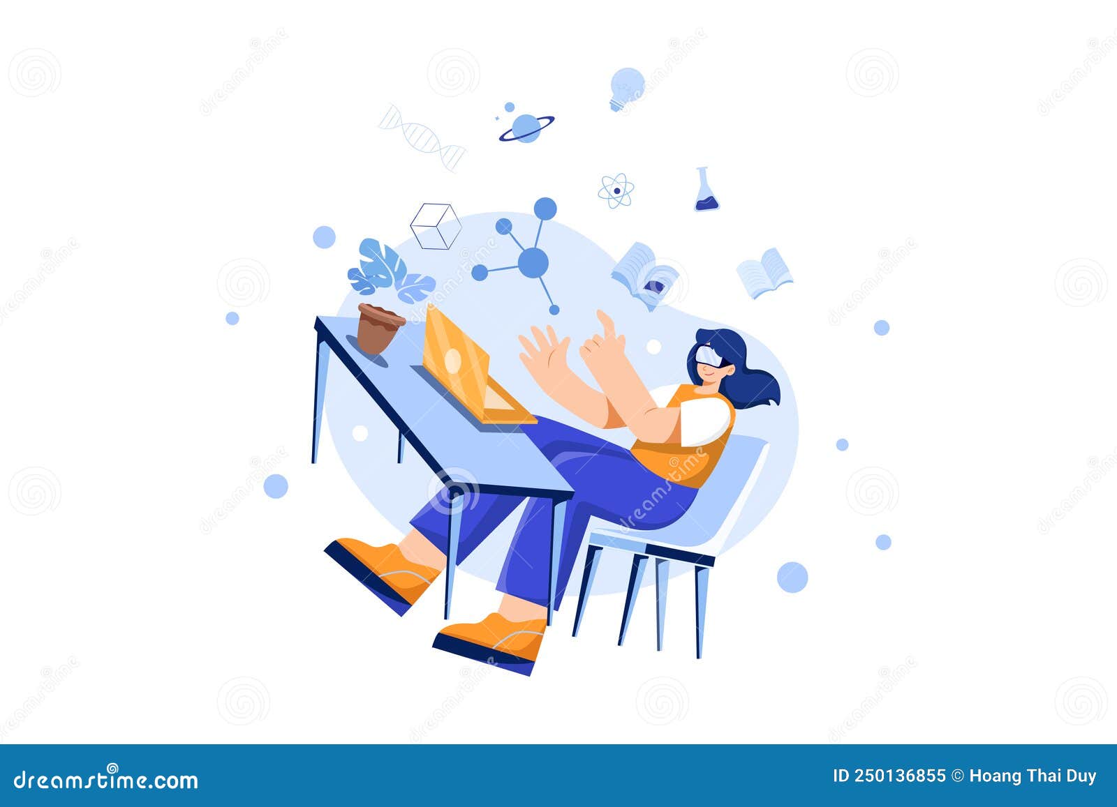 Boy studying using VR tech stock vector. Illustration of simulator - 250136855