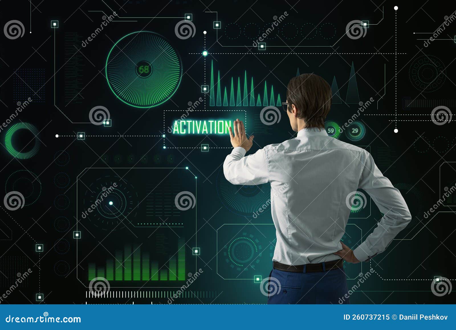 Virtual Reality and Innovation Concept with Man Back View Pushing ...