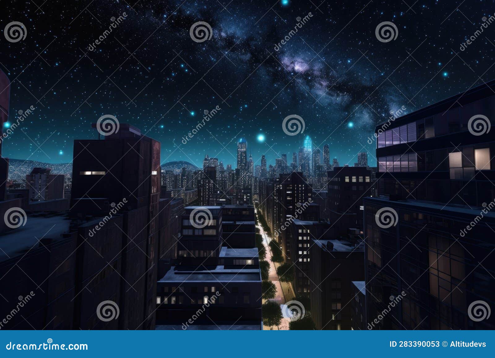 Virtual Reality Simulation of Nighttime Cityscape, with Lit Skyscrapers ...