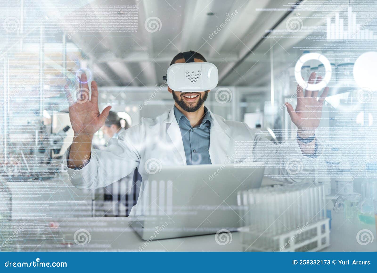 Virtual Reality, Ui and Scientist Man in Metaverse for Research with ...