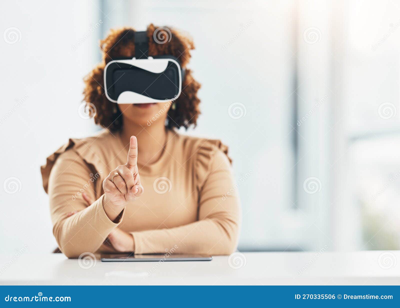 Virtual Reality, User Interface and Black Woman with Finger for Cyber ...