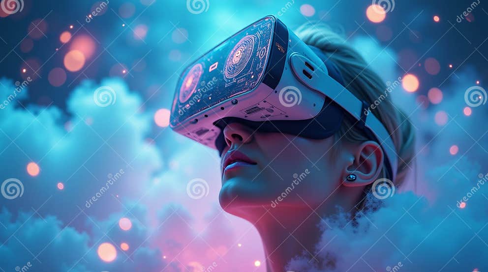 Virtual Reality User Wearing a Headset Surrounded by Glowing Visuals ...