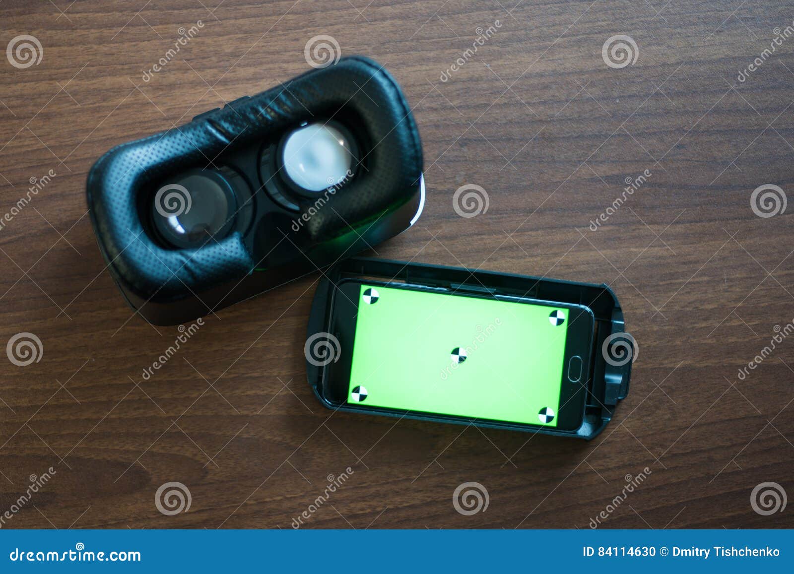 Virtual Reality, VR, Helmet and Smartphone with Green Screen for Stock ...