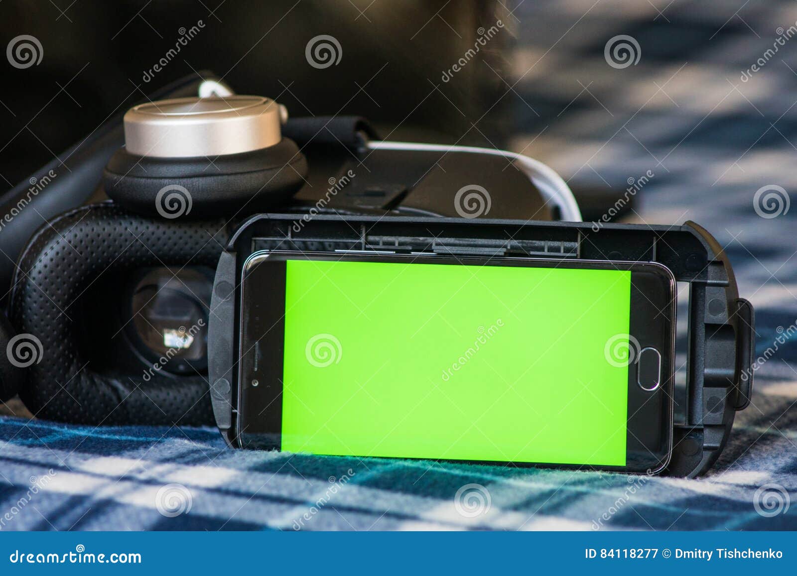 Virtual Reality, VR, Helmet and Smartphone with Green Screen for Stock ...