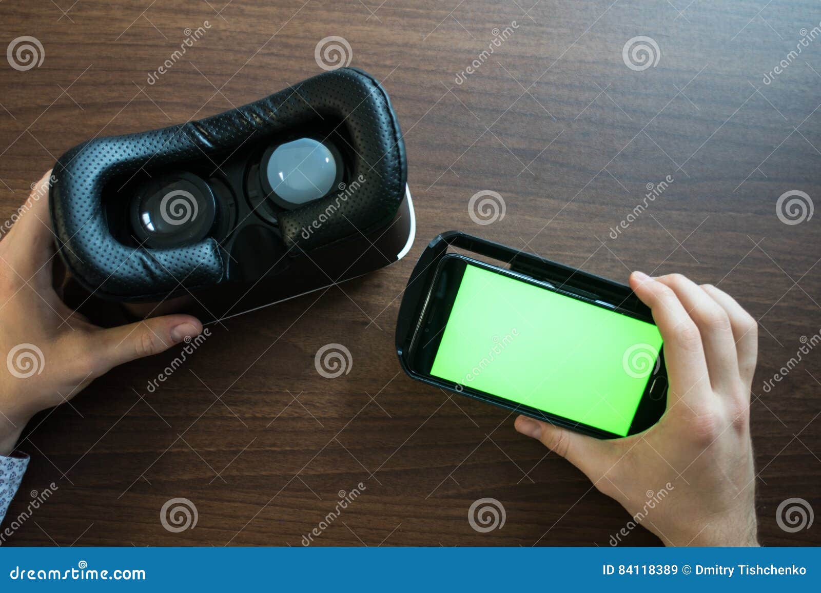 Virtual Reality, VR, Helmet and Smartphone with Green Screen for Stock ...