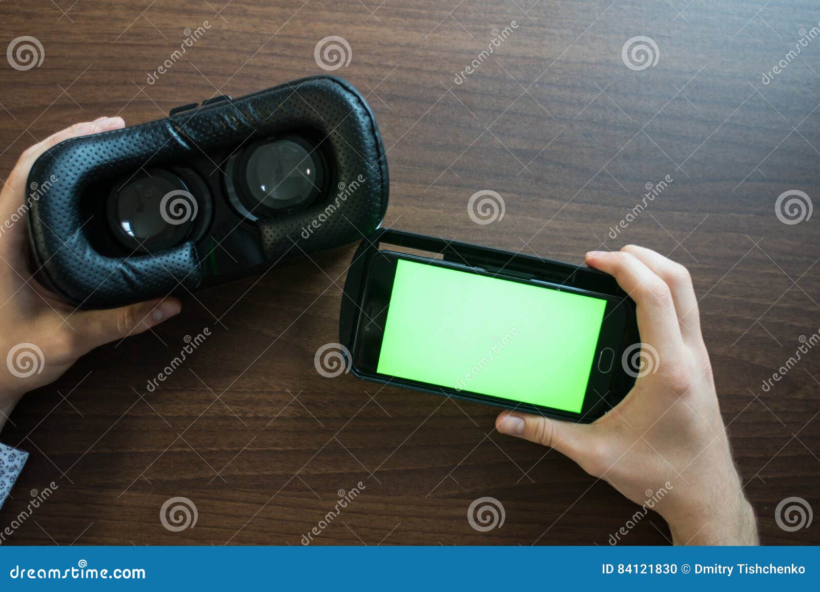 Virtual Reality, VR, Helmet and Smartphone with Green Screen for Stock ...