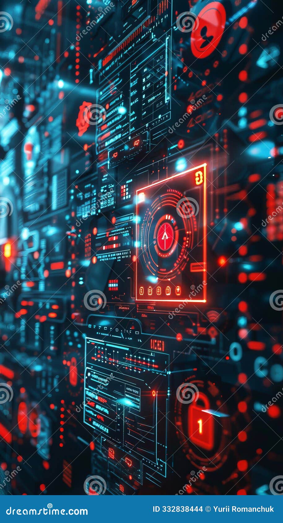 Virtual Screen Displaying Data Breach Symbols and Warning Signs Against ...