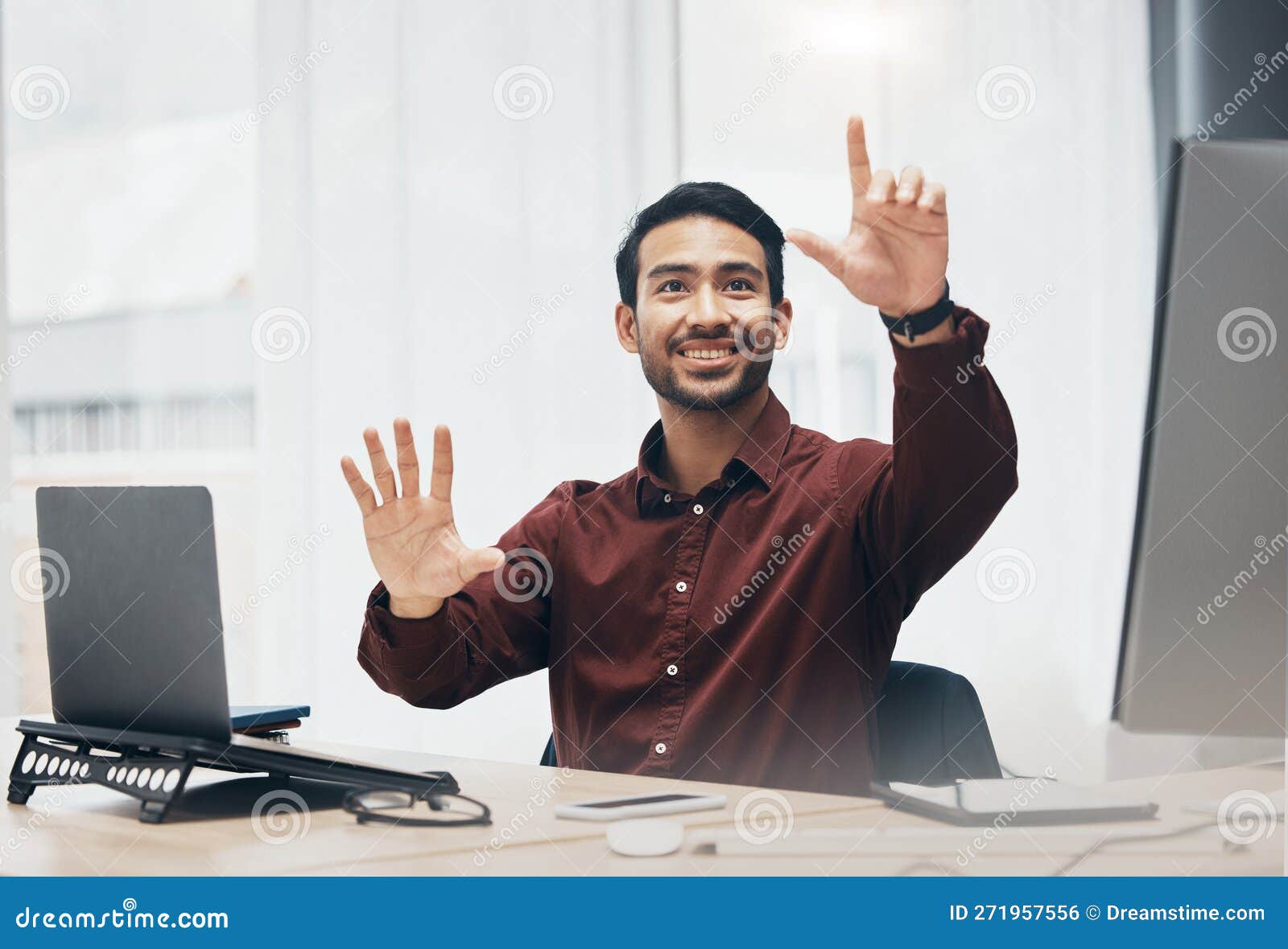 Virtual Screen, Gesture or Happy Man Point at UX Web Design, App ...