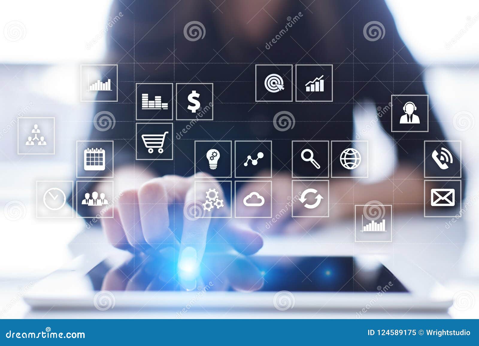 Virtual Screen Interface with Applications Icons. APPS. Work Business ...