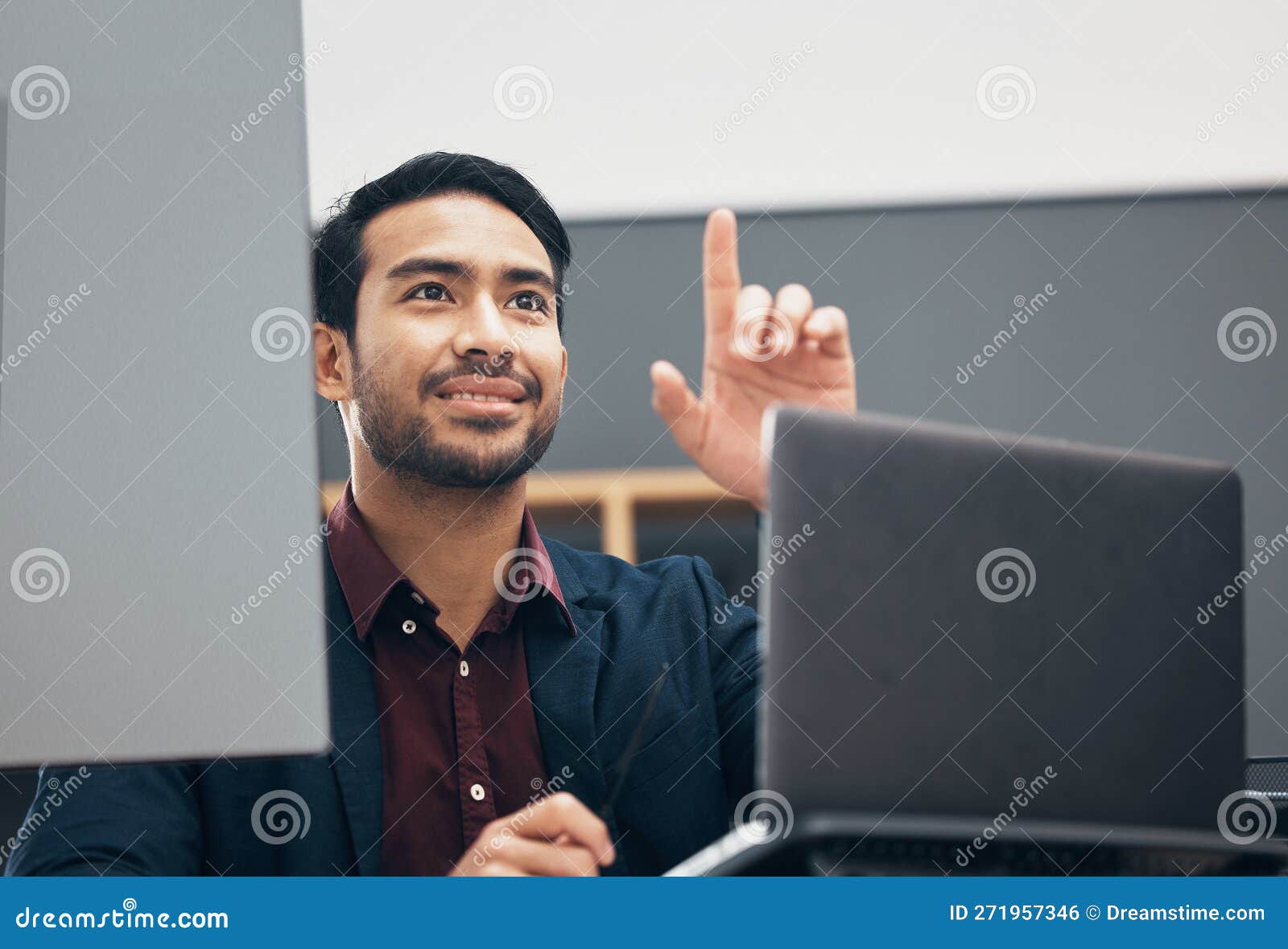 Virtual Screen, Laptop and Man Pointing at UX Web Design, App Wireframe ...