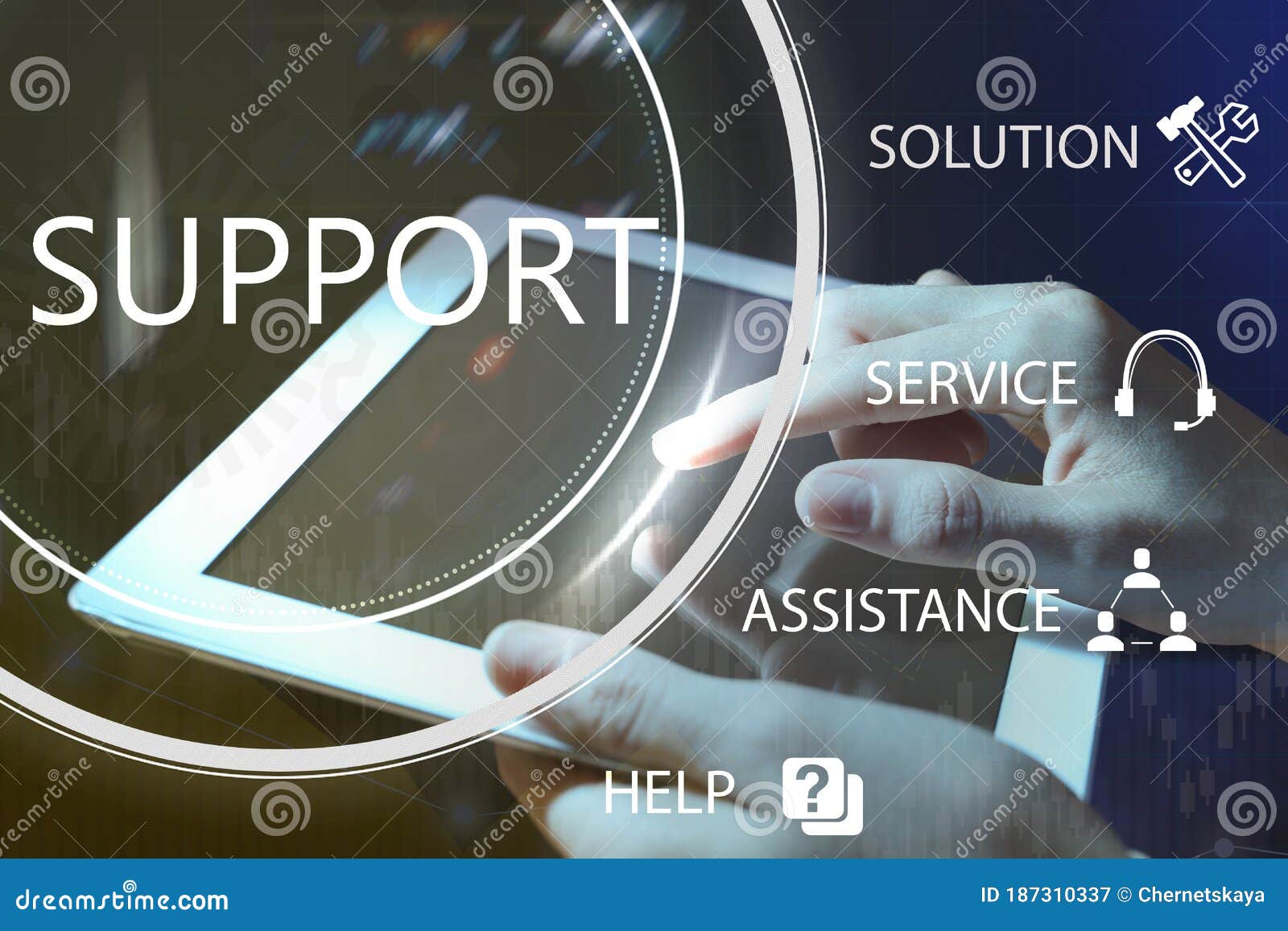 Virtual Screen with Technical Support Service Page and Woman Using ...