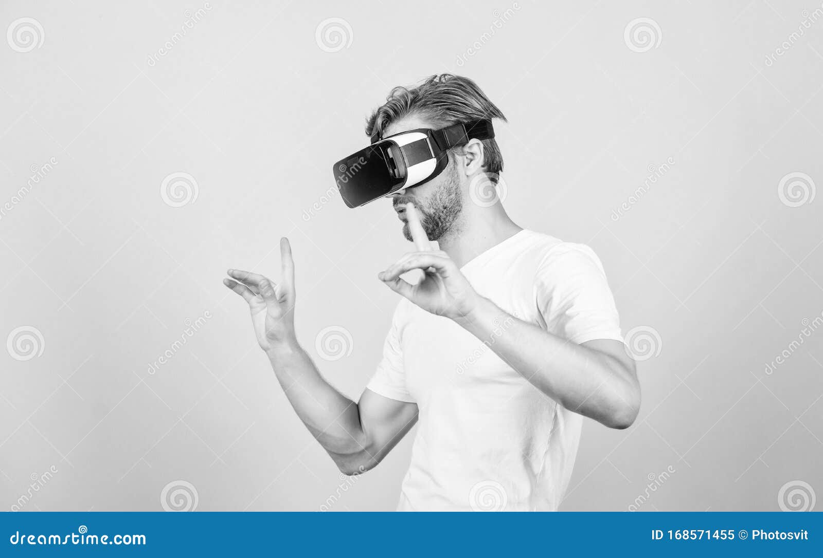 Virtual Simulation. Man Play Game In VR Glasses. Augmented 3D World ...