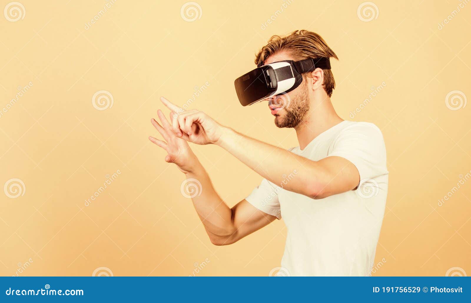 Virtual Simulation. Man Play Game in VR Glasses. Explore Cyber Space ...