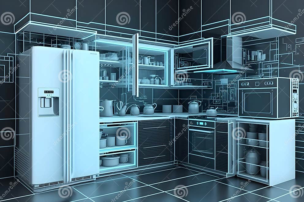 Virtual Software Simulating a Smart Minimal Futuristic Kitchen Stock ...
