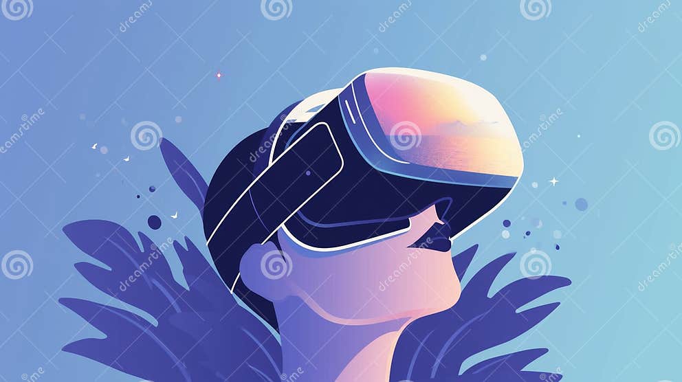 Virtual Sunset Over Ocean View in VR. Individual with VR Headset ...