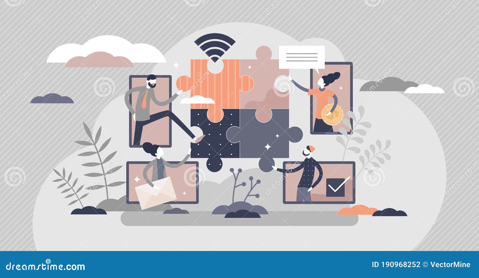 Virtual Teams Distance Working As Puzzle Solving Scene Tiny Persons ...