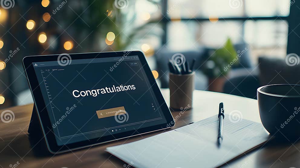 Virtual Test Completion on Tablet Screen with Congratulations ...