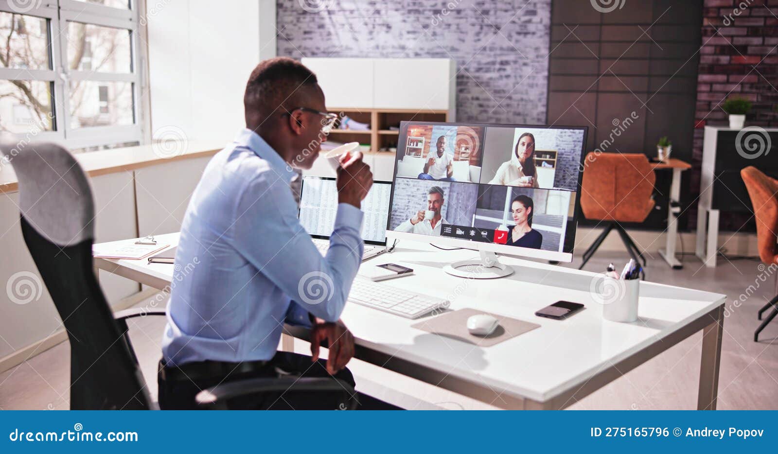 Virtual Video Conference Call Coffee Drinking Stock Photo - Image of ...