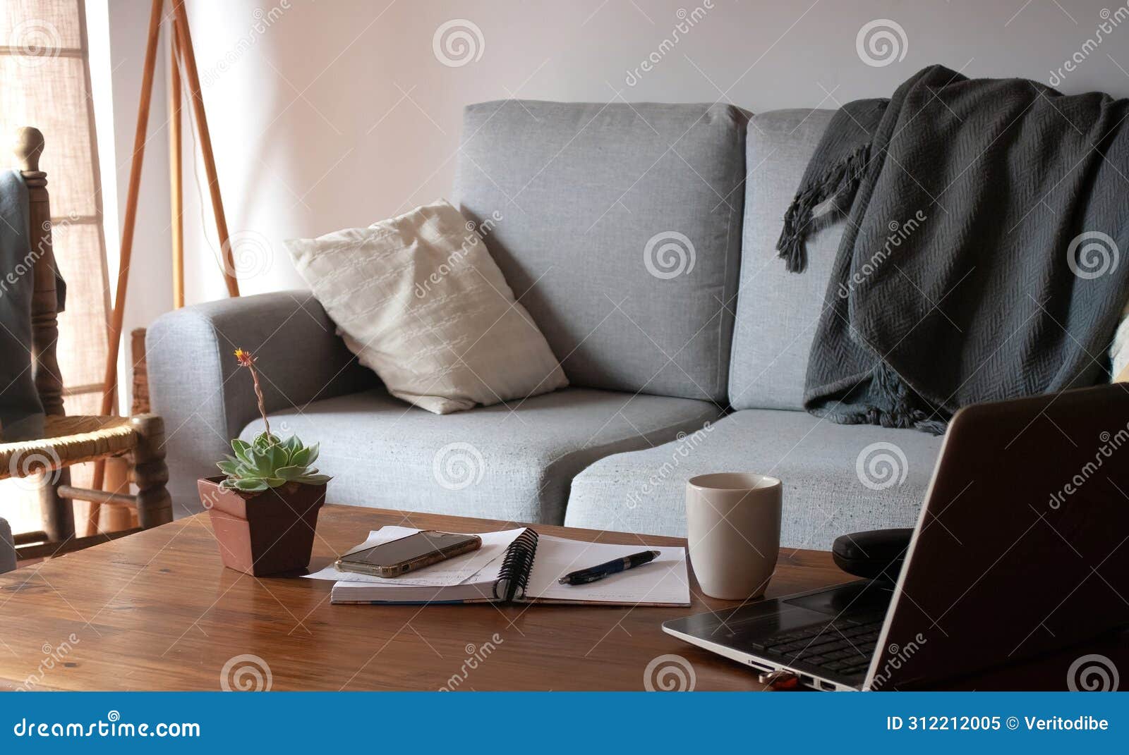 Virtual Work Items and Electronic Devices on a Livingroom Table. Stock ...