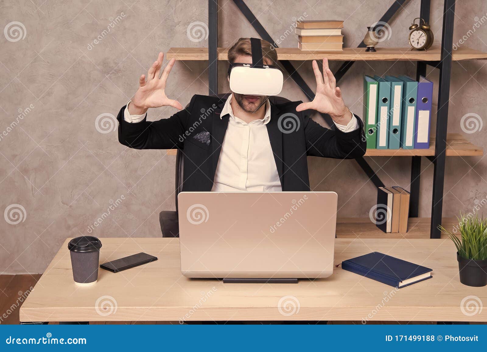 Virtual Work Space. Businessman Explore Virtual Reality. Interact in ...
