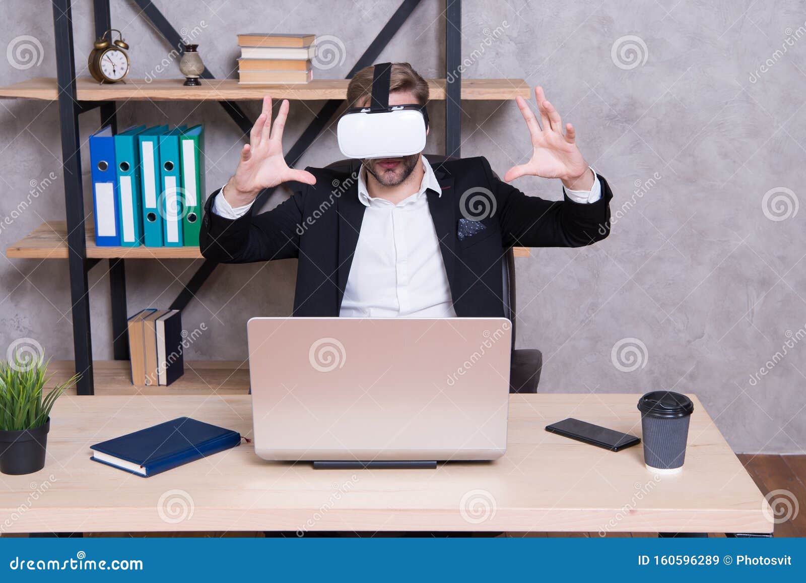 Virtual Work Space. Businessman Explore Virtual Reality. Interact in ...