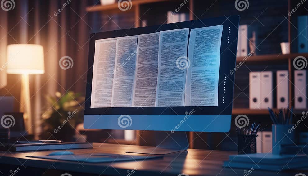 Virtual Workspace at Night with Documents Displayed on a Computer ...