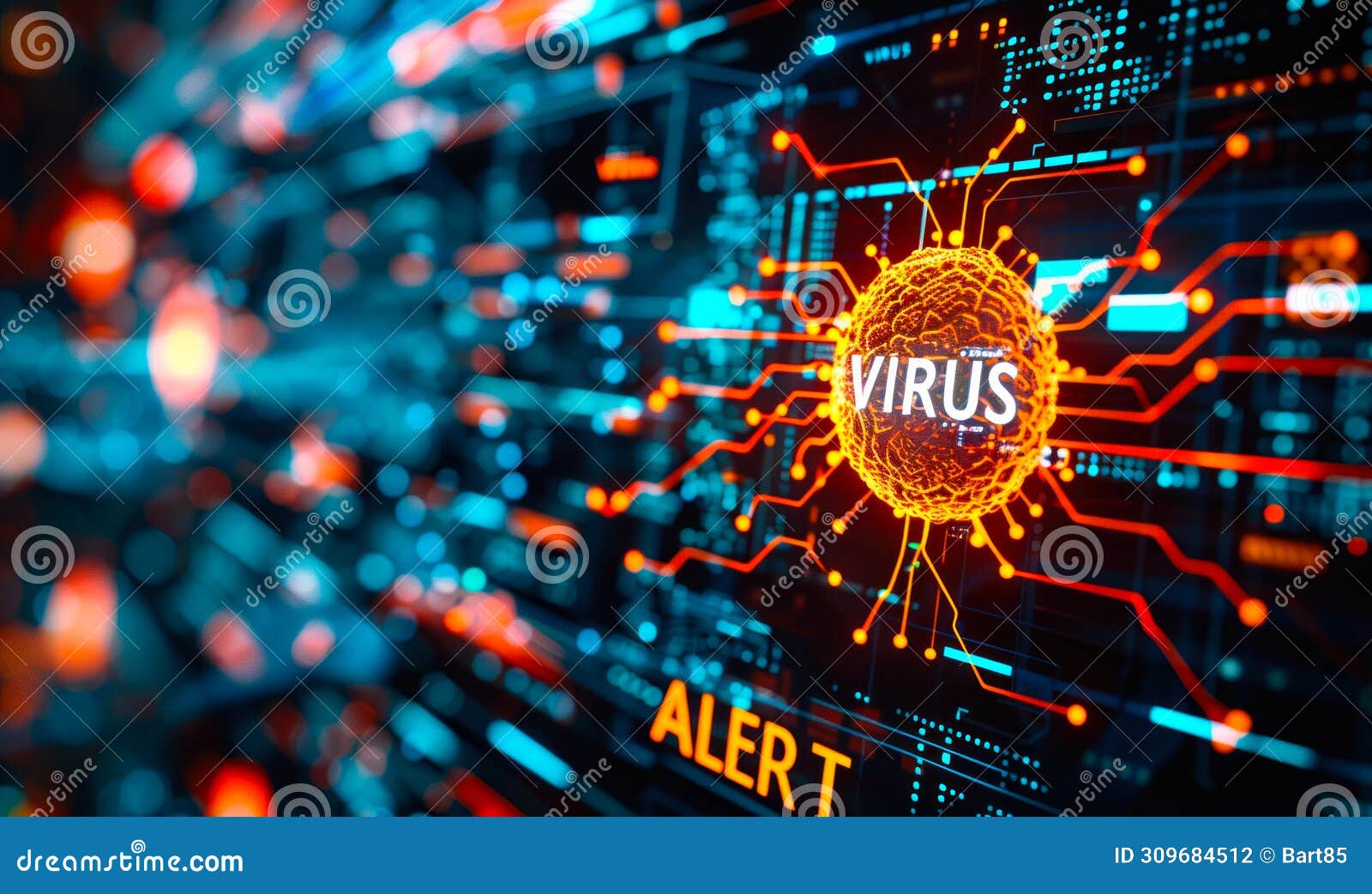 Virus Alert Warning on a Digital Screen with Global Network Connections ...