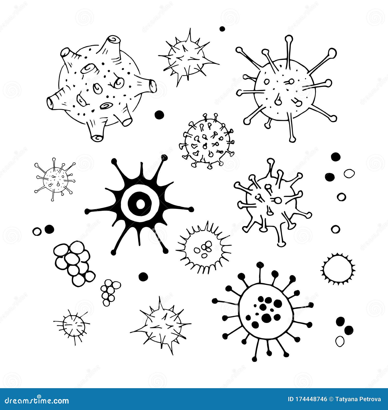 Virus and Bacteria Doodle Set. Collection of Simple Hand Drawn ...