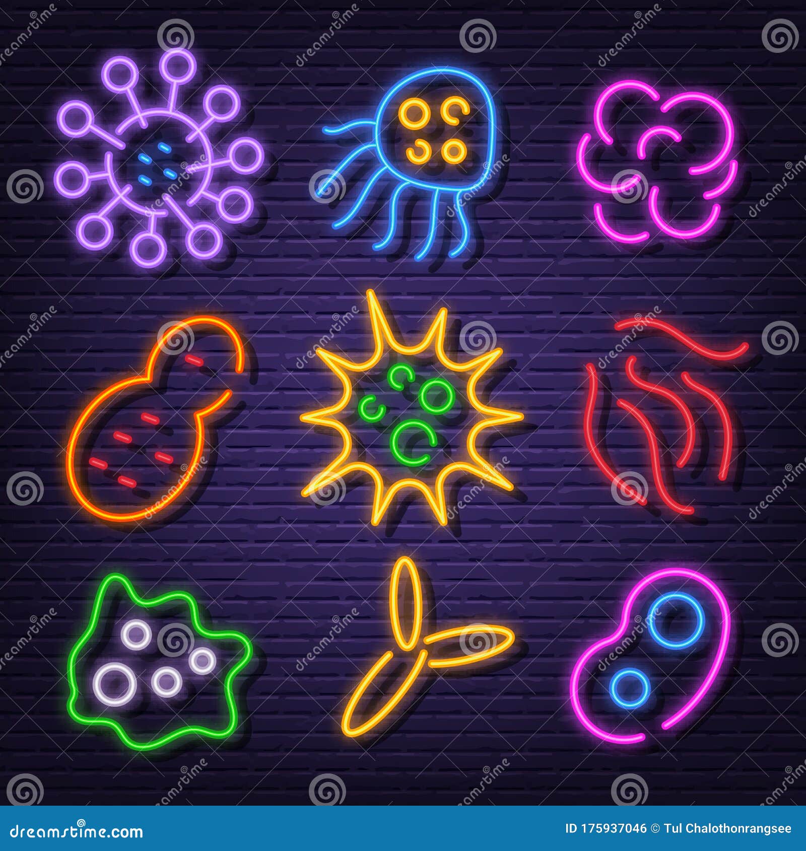 Virus and Bacteria Neon Signboard Icons Stock Illustration ...